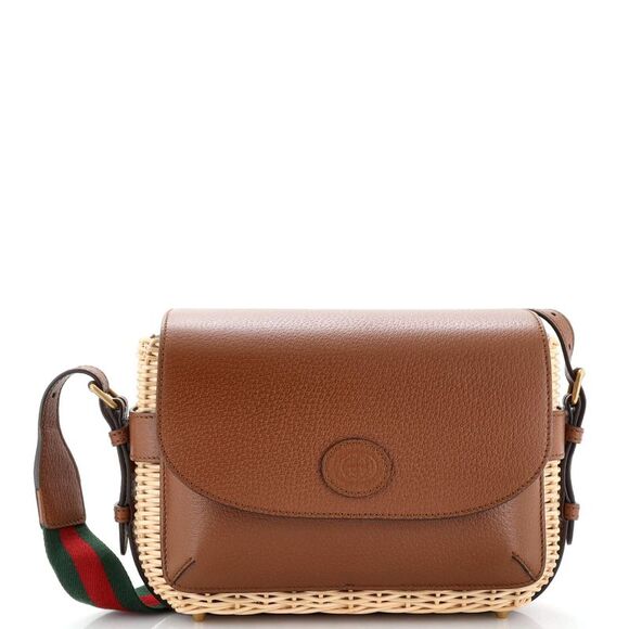 Gucci | Bags | Gucci Logo Patch Messenger Bag Wicker And Leather Small ...